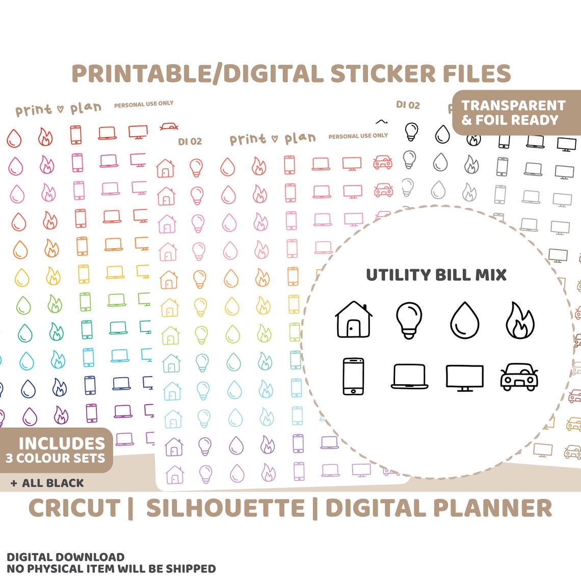 Utility Bills Printable Doodle Icon Stickers | Digital Planner Sticker ...