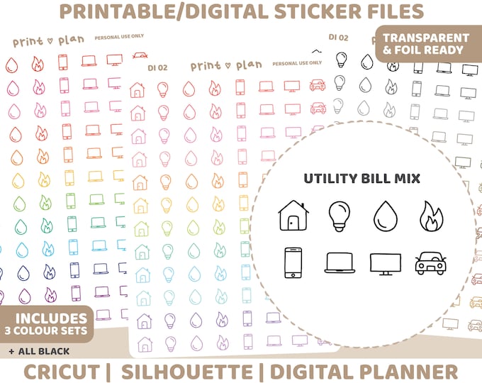 Utility Bills Printable Doodle Icon Stickers | Digital Planner Sticker ...