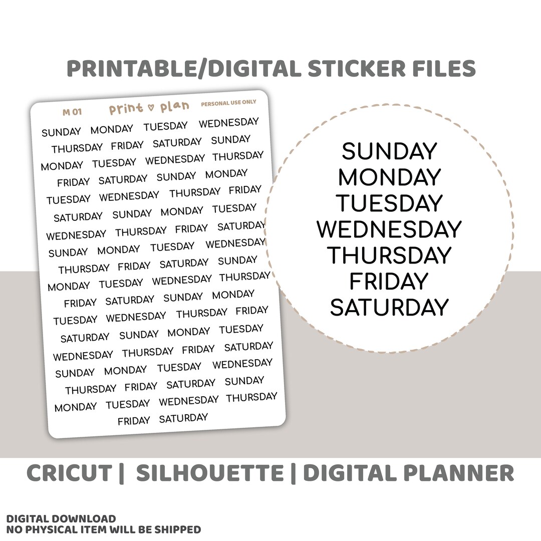 Days Printable Minimal Font Stickers | Digital Planner Sticker Download ...