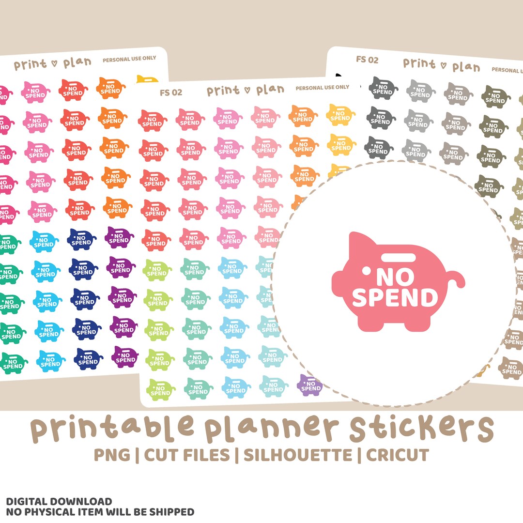 No Spend Printable Stickers Digital Planner Sticker Download Cut Lines ...