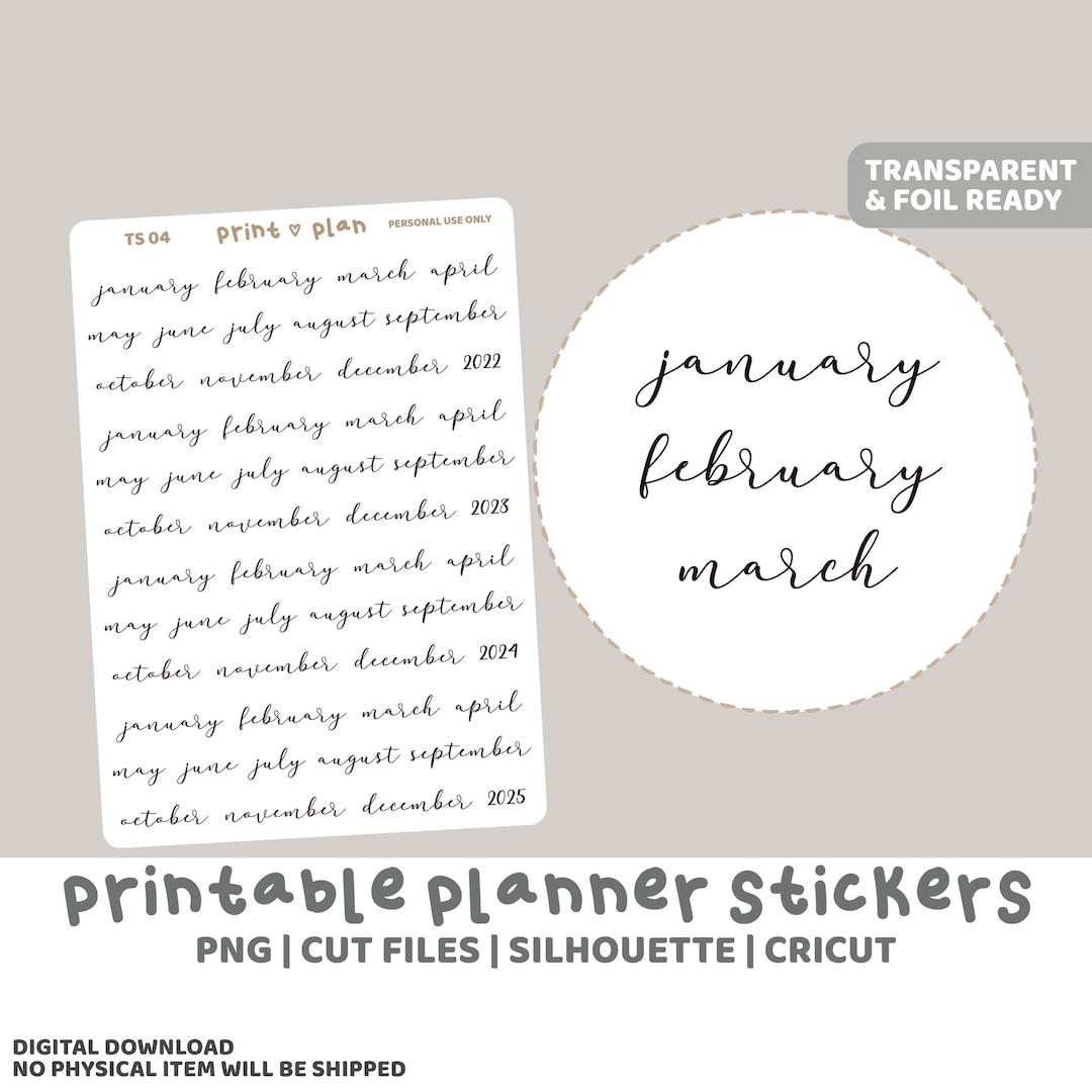 Months Printable Thin Script Word Stickers | Digital Planner Sticker ...