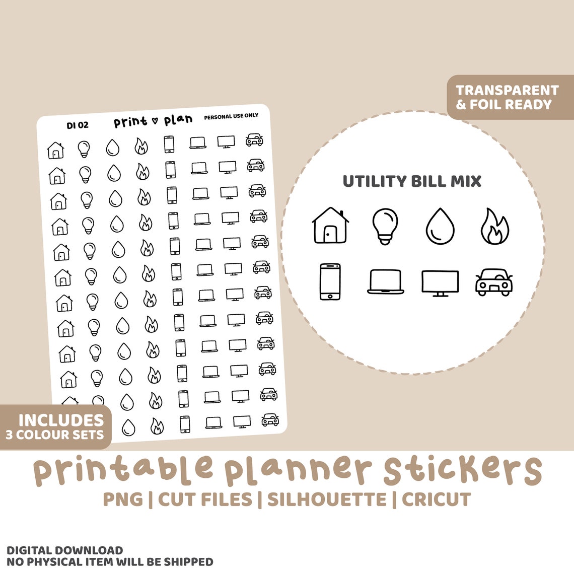 Utility Bills Printable Doodle Icon Stickers Digital | Etsy