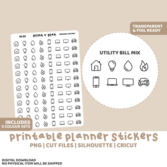 Utility Bills Printable Doodle Icon Stickers Digital | Etsy