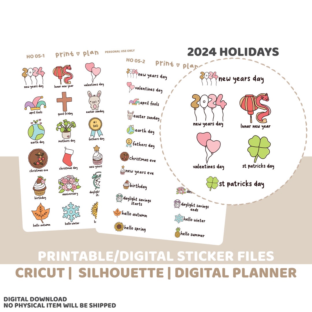 2024 Holidays Printable Stickers | Digital Planner Sticker Download ...