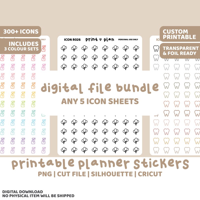 Any 5 Custom Mini Outline Icon Printable Stickers Digital - Etsy