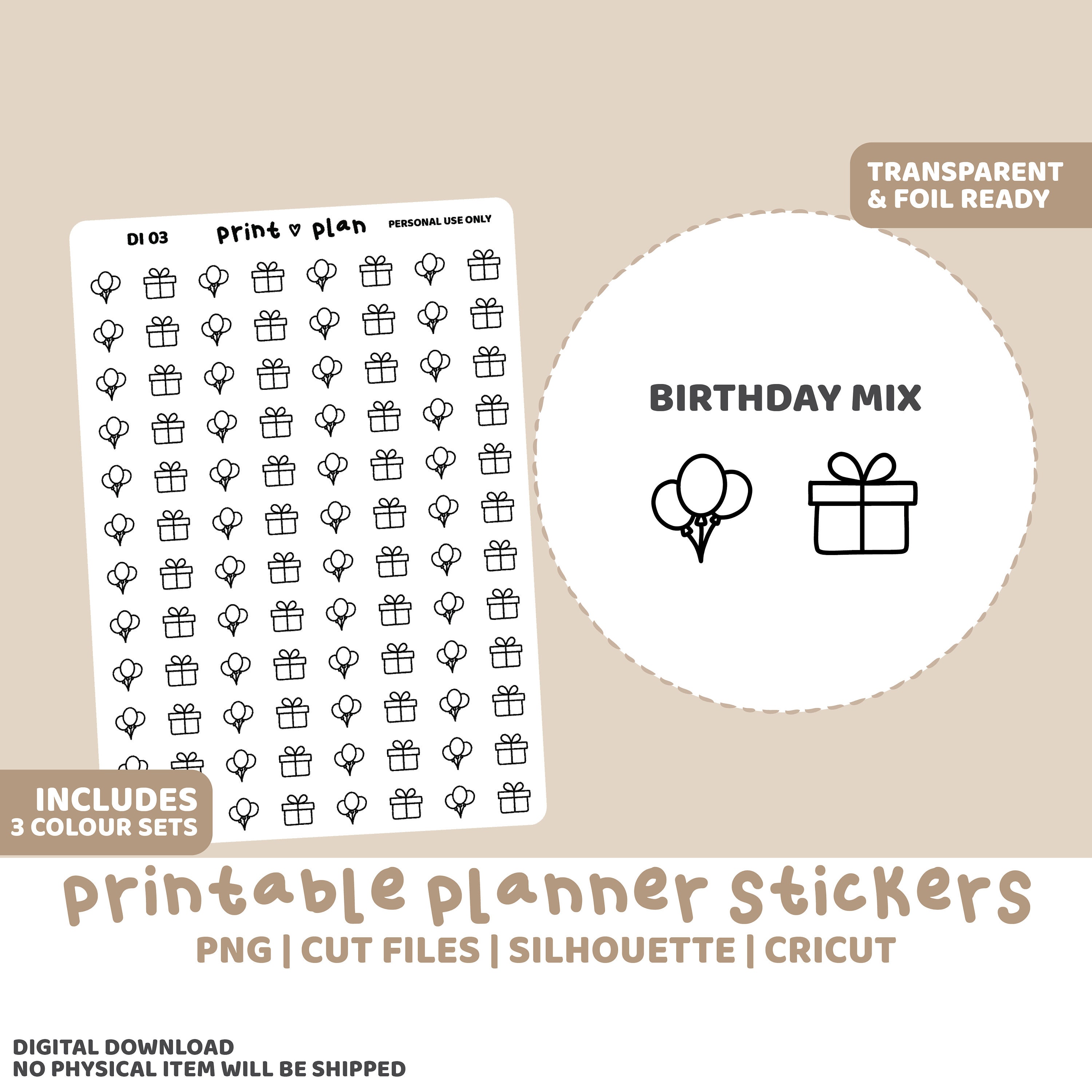Birthday Icon Printable Stickers Digital Planner Sticker - Etsy