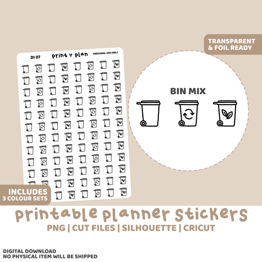 Bin Icon Printable Stickers Digital Planner Sticker Download Cut Lines ...
