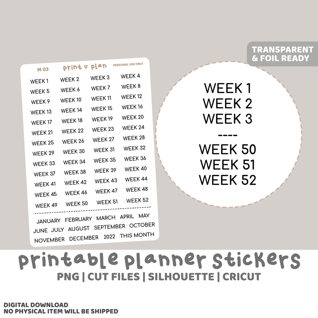 52 Weeks Printable Minimal Font Stickers Digital Planner - Etsy