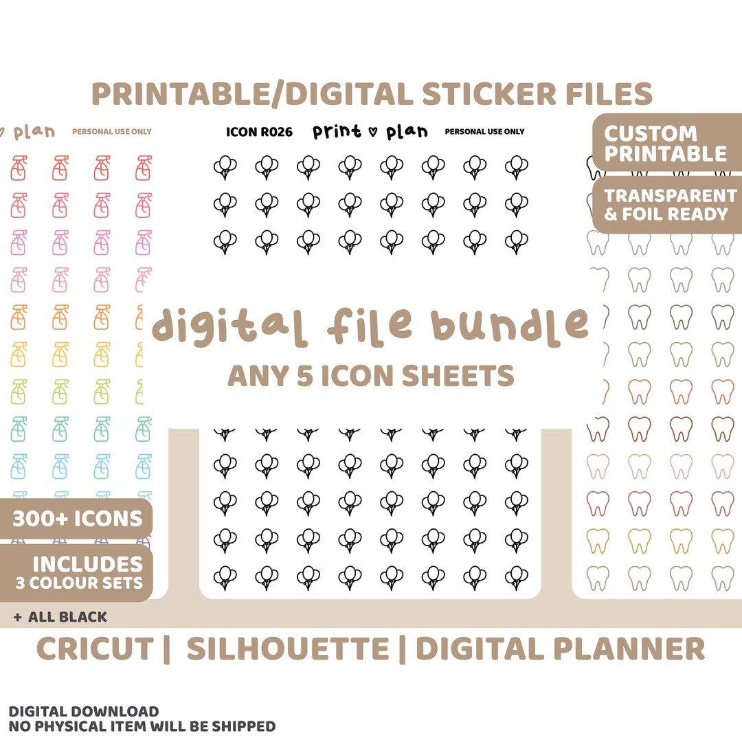 Any 5 Custom Mini Outline Icon Printable Stickers Digital Planner ...