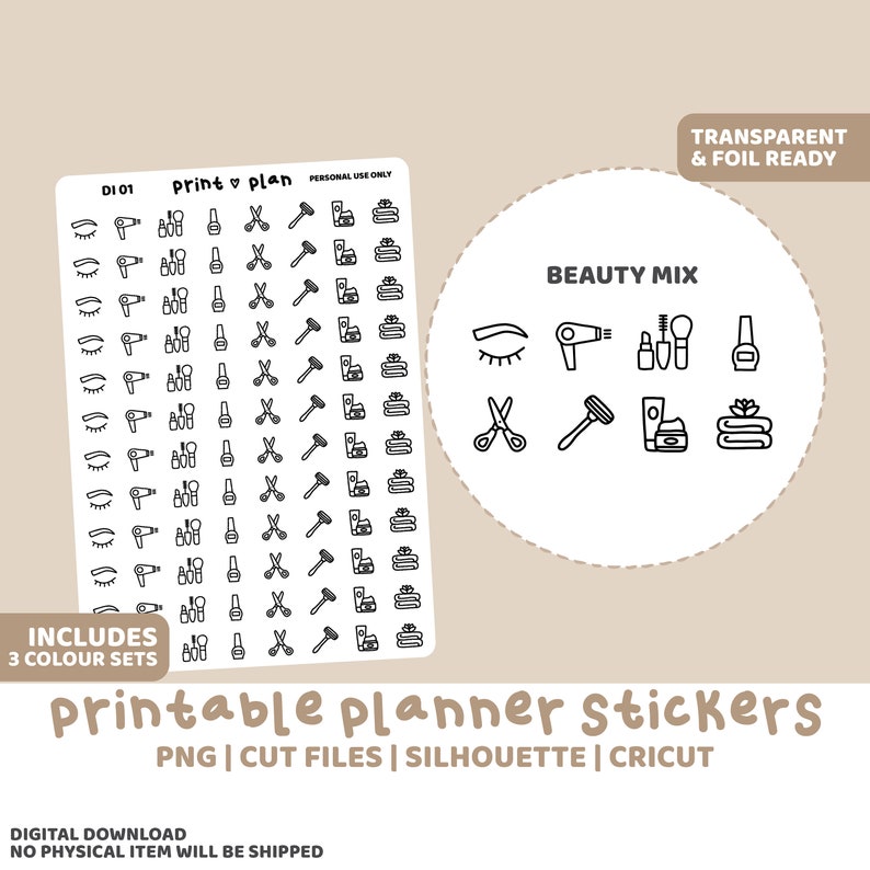 Beauty Icon Printable Stickers Digital Planner Sticker - Etsy