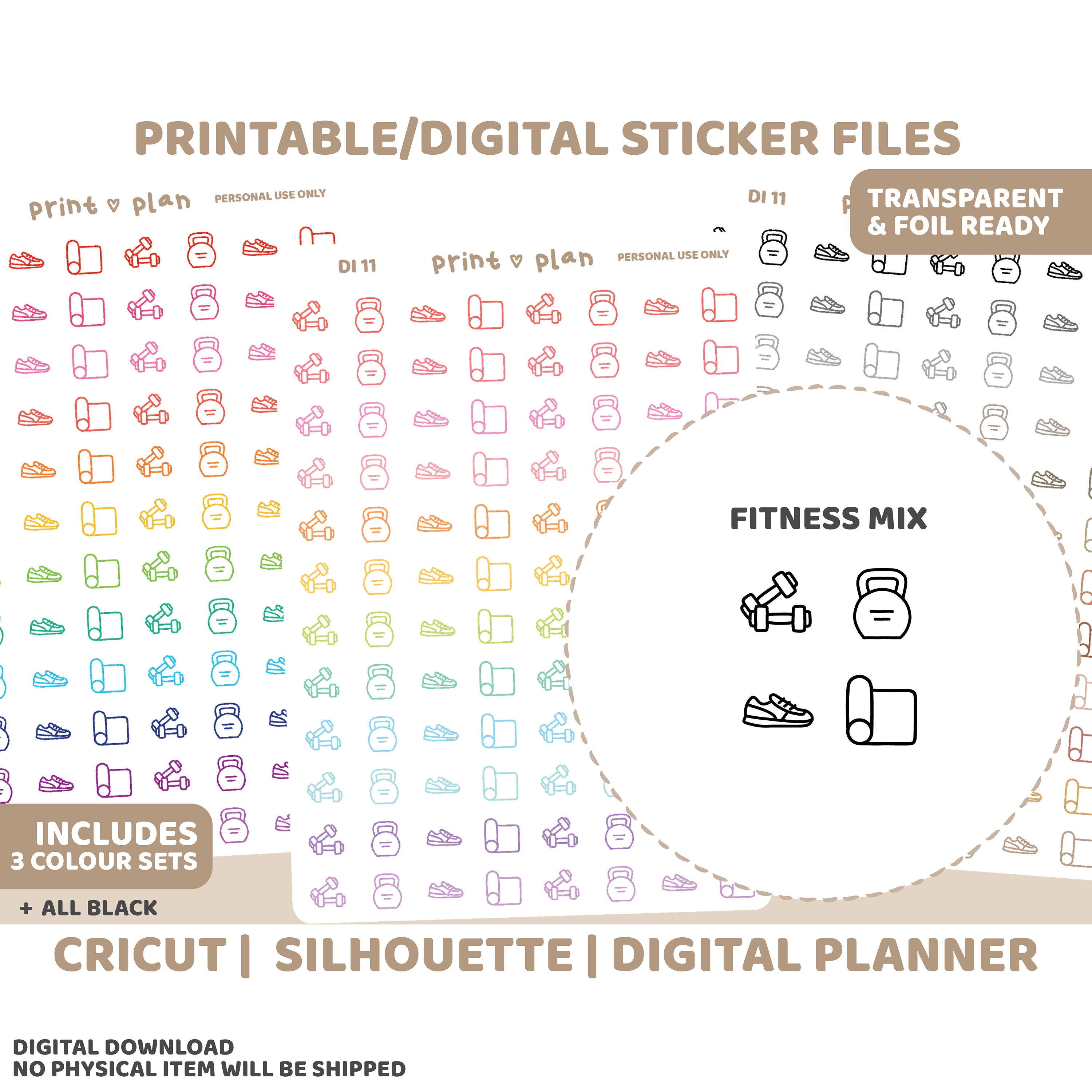Fitness Icon Printable Stickers | Digital Planner Sticker Download ...