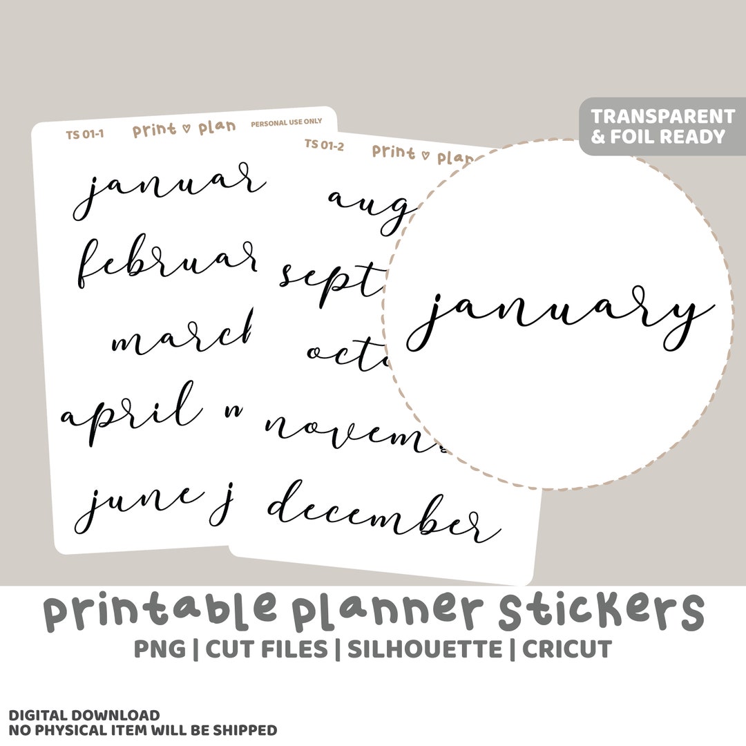 Large Month Printable Thin Script Word Stickers Digital Planner Sticker ...