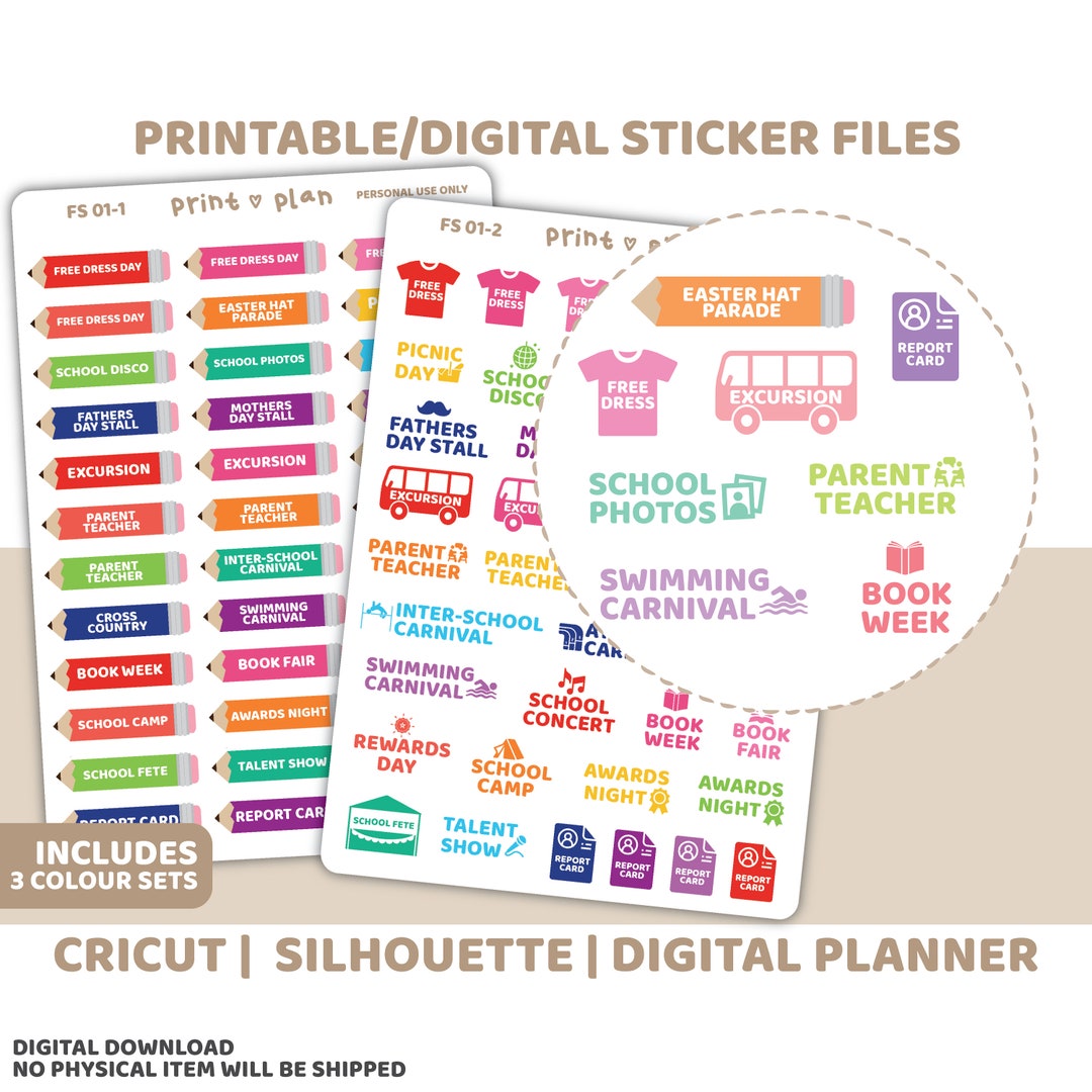 School Days Printable Stickers | Digital Planner Sticker Download | Cut ...