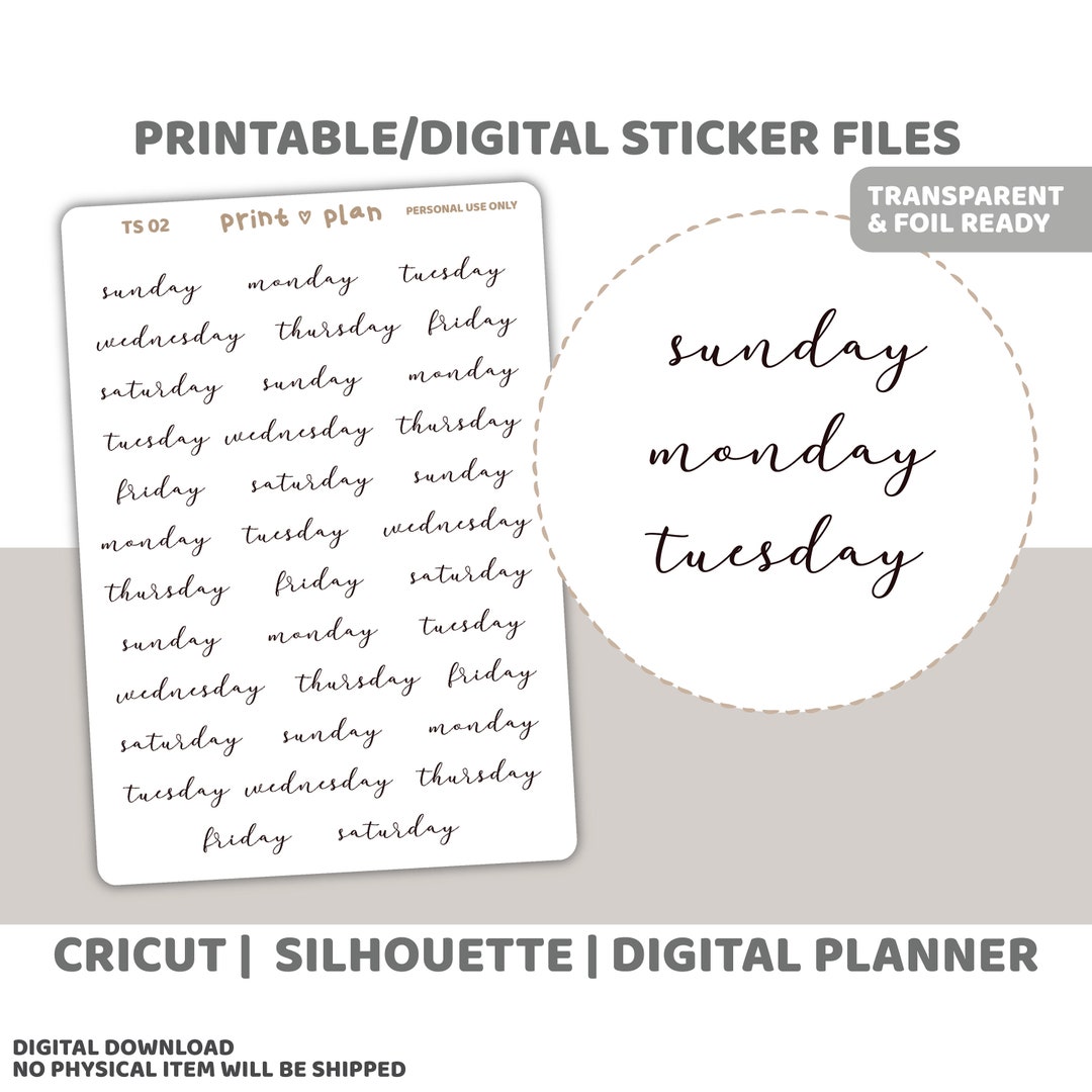 Days Printable Thin Script Word Stickers | Digital Planner Sticker ...