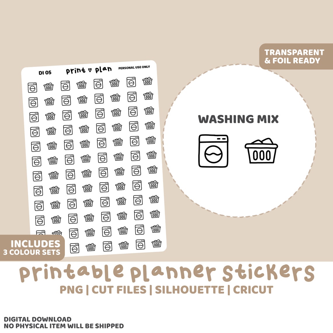 Washing Icon Printable Stickers Digital Planner Sticker - Etsy