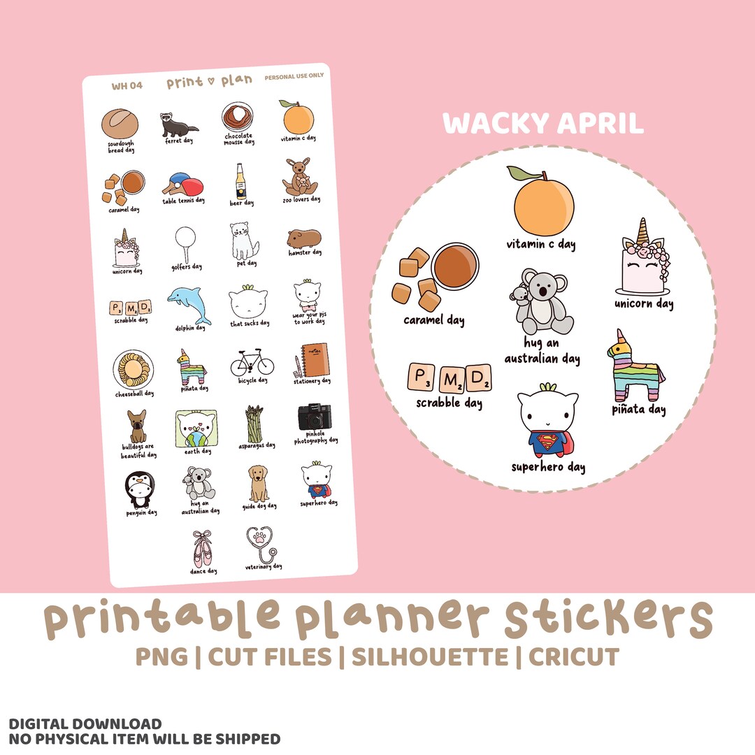 Wacky April Printable Stickers | Digital Planner Sticker Download | Cut ...