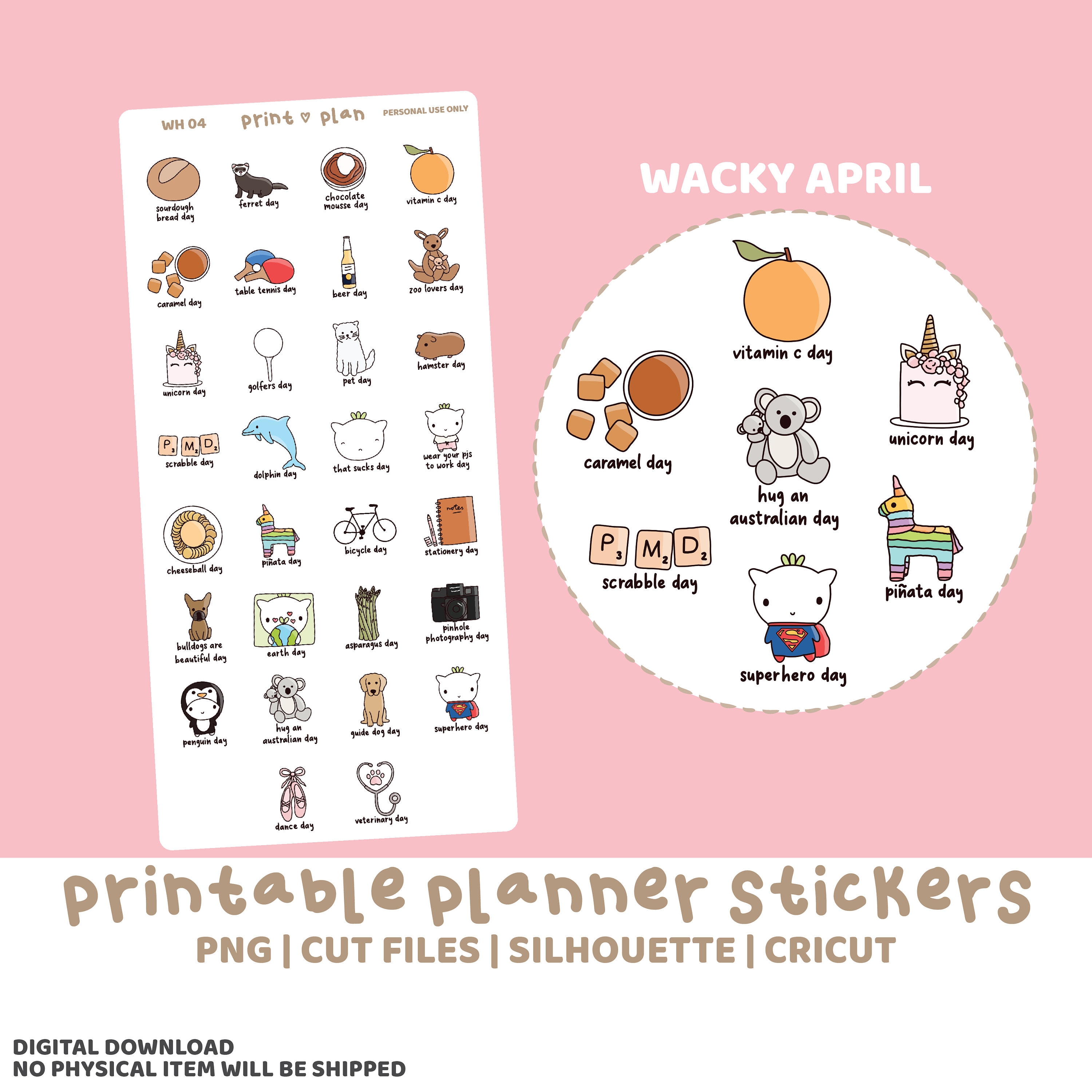 Wacky April Printable Stickers | Digital Planner Sticker Download | Cut ...