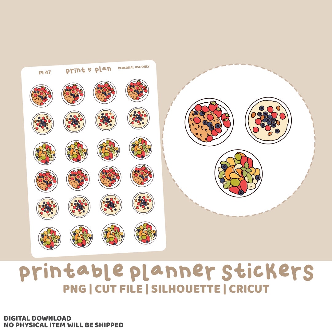 Granola, Oats & Fruit Bowl Printable Stickers Digital Planner Sticker ...