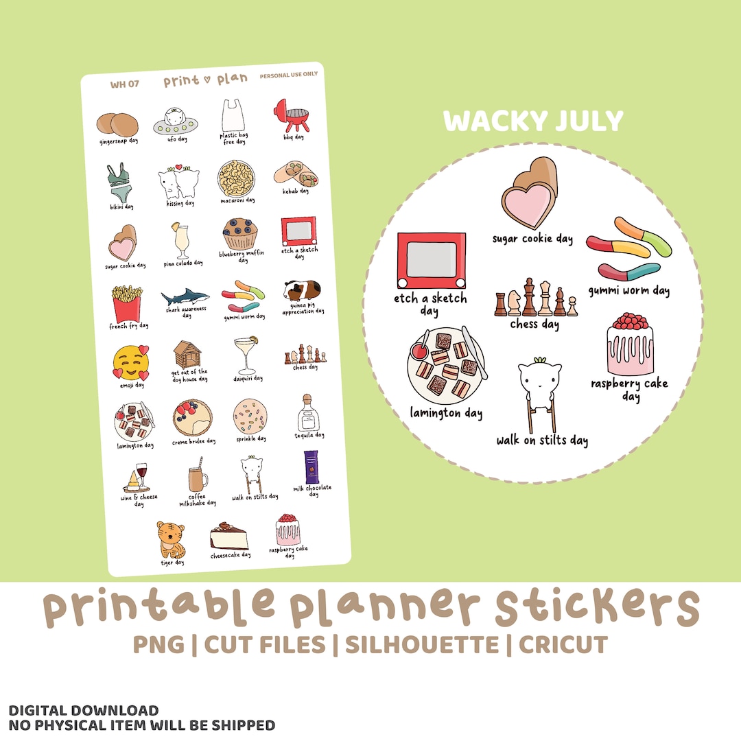 Wacky July Printable Stickers | Digital Planner Sticker Download | Cut ...