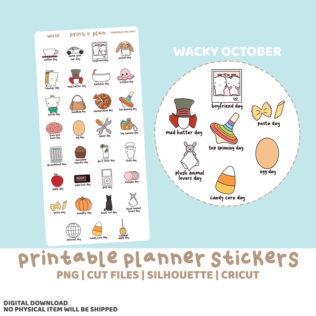 Wacky October Printable Stickers | Digital Planner Sticker Download ...