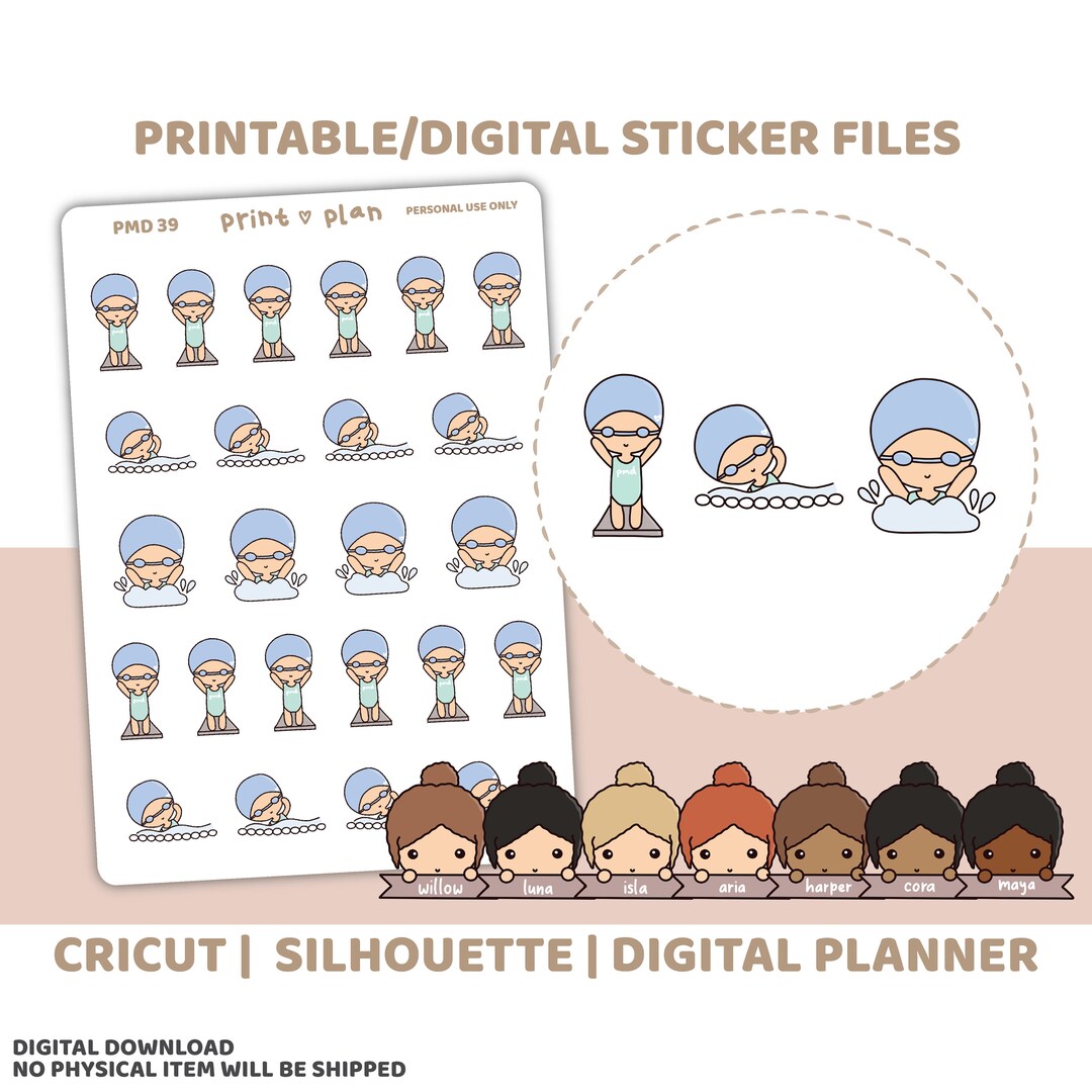Swimming Printable PMD People Stickers Digital Planner Sticker Download ...