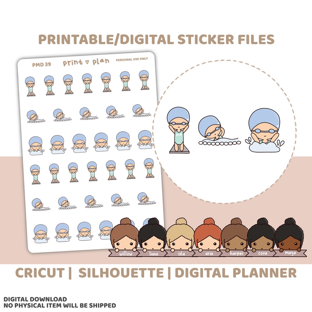 Swimming Printable PMD People Stickers | Digital Planner Sticker ...