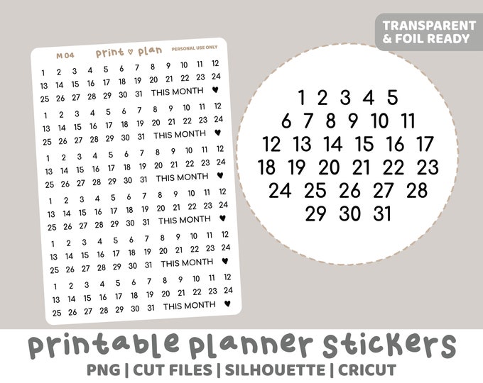 Dates 1-31 Printable Minimal Font Stickers Digital Planner Sticker ...