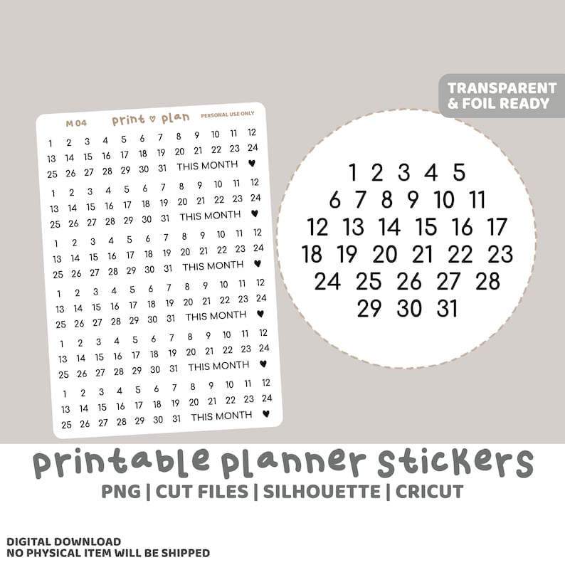 Dates 1-31 Printable Minimal Font Stickers Digital Planner - Etsy