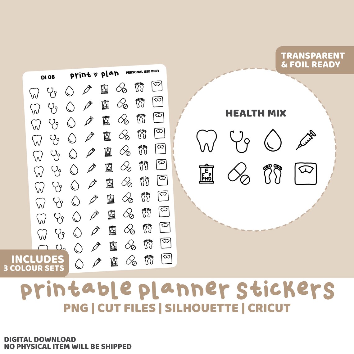Health Icon Printable Stickers Digital Planner Sticker - Etsy