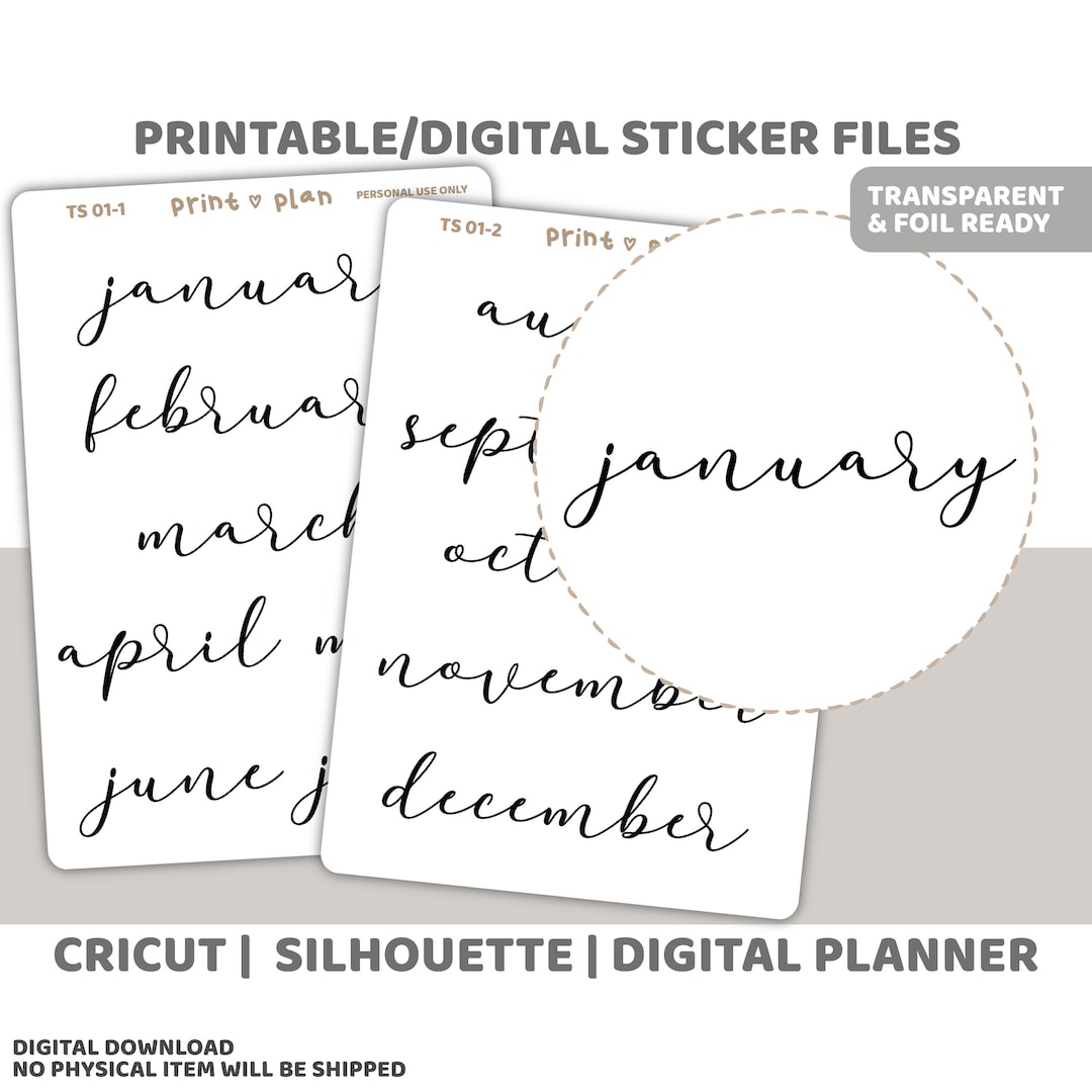 Large Month Printable Thin Script Word Stickers | Digital Planner ...