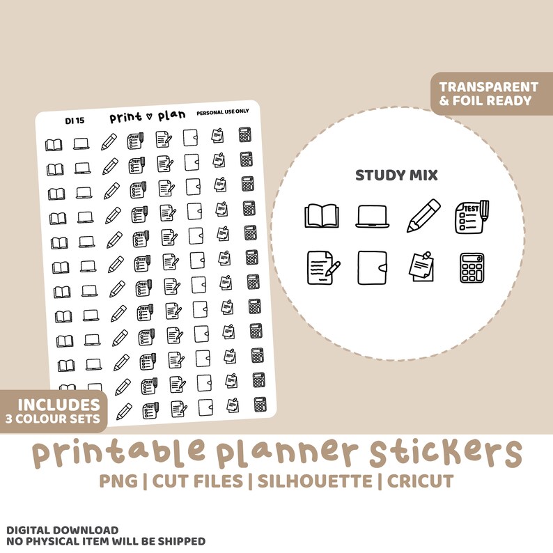 Study Icon Printable Stickers Digital Planner Sticker - Etsy