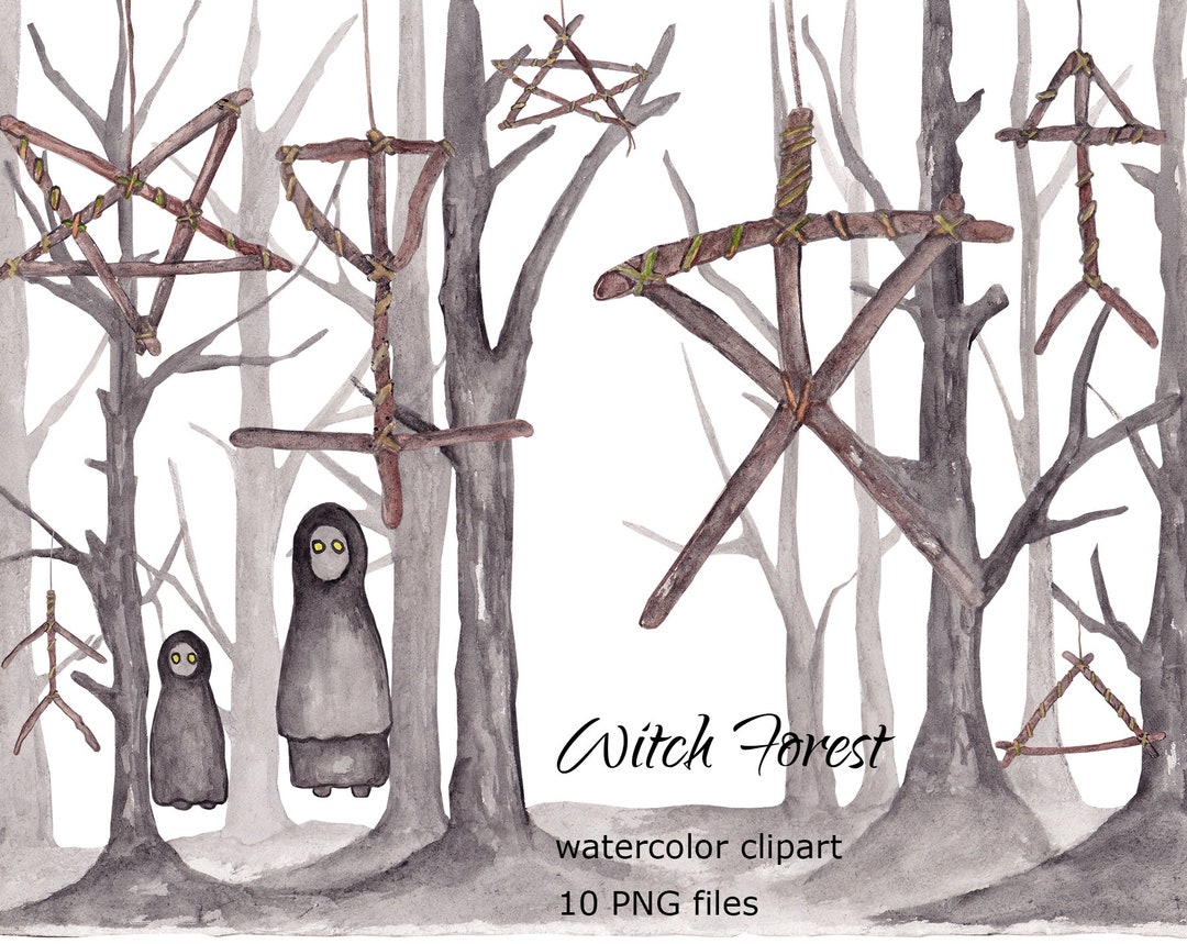 Witch Forest Watercolor Clipart Magic Symbol Trees Night Scary ...