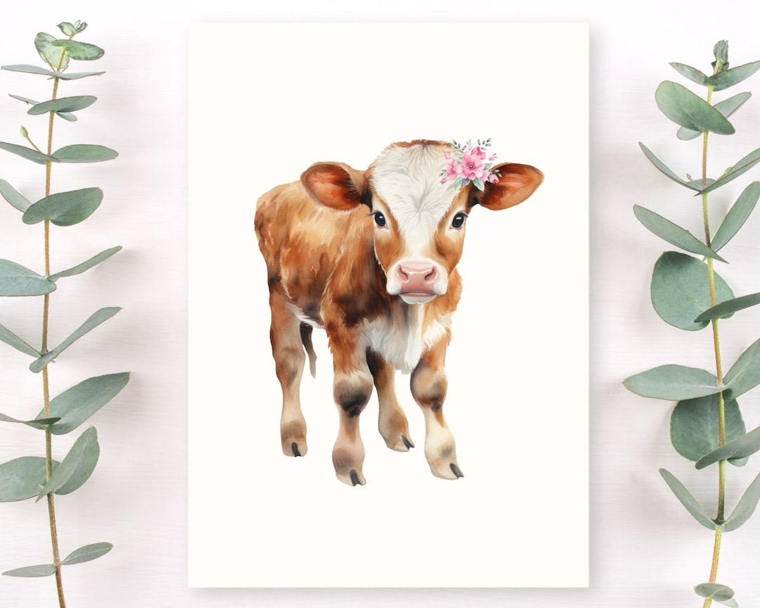 Calf Greeting Card Watercolor Baby Cow With Flower Greeting Card ...
