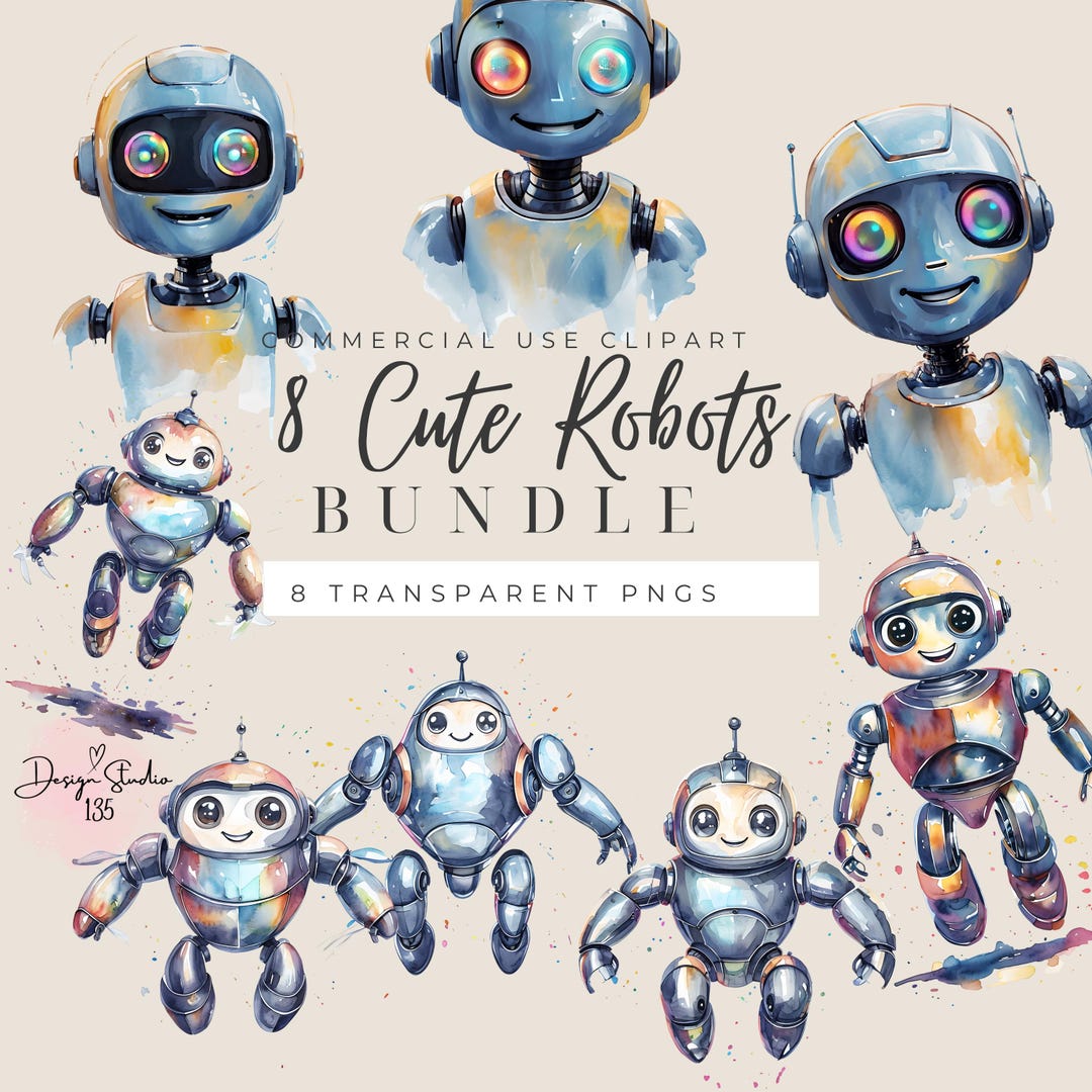 Cute Robot Clipart Bundle, Digital Download, Whimsical Fun Pngs ...