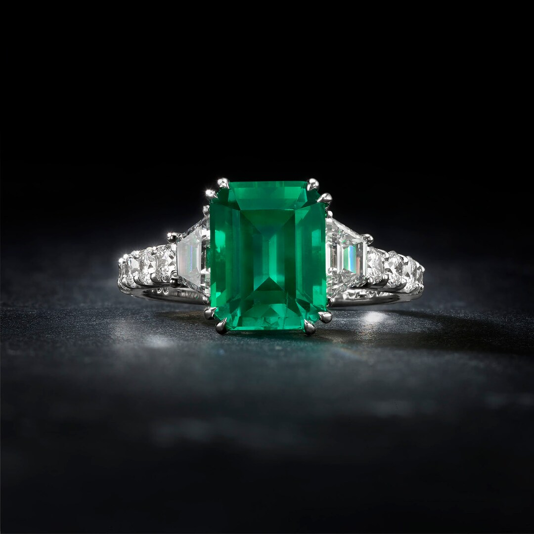 18K White Gold Emerald With Trap Side Stones Ring, 4.93 Ct. TW, Dainty ...