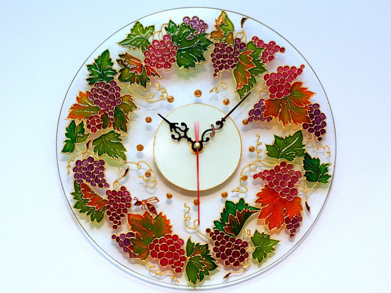 Round Glass Clock With Ripe Grapes and Autumn Leaves in - Etsy