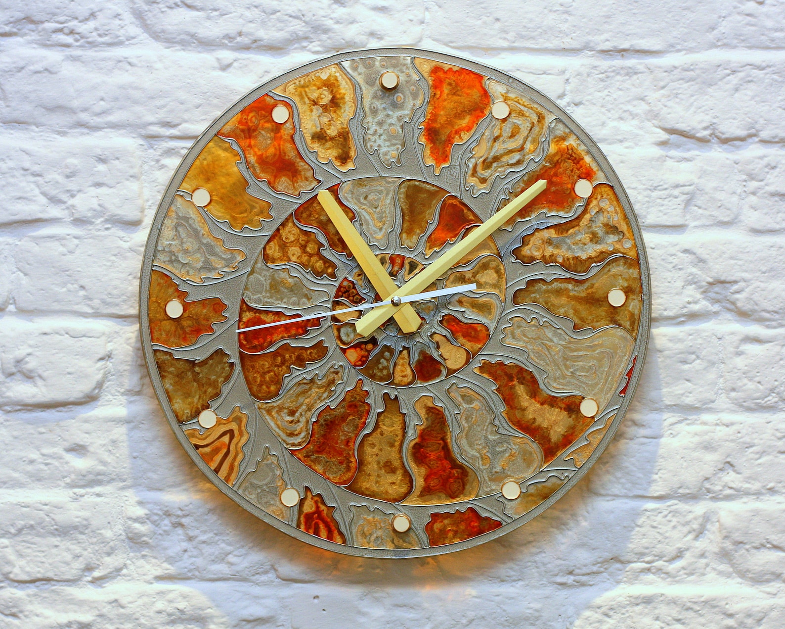 Modern Amber Ammonite Stained Glass Wall Clock, Hand Painted Yellow and ...