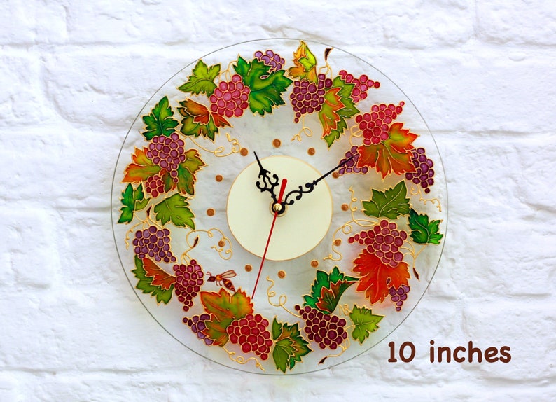 Round Glass Clock With Ripe Grapes and Autumn Leaves in - Etsy