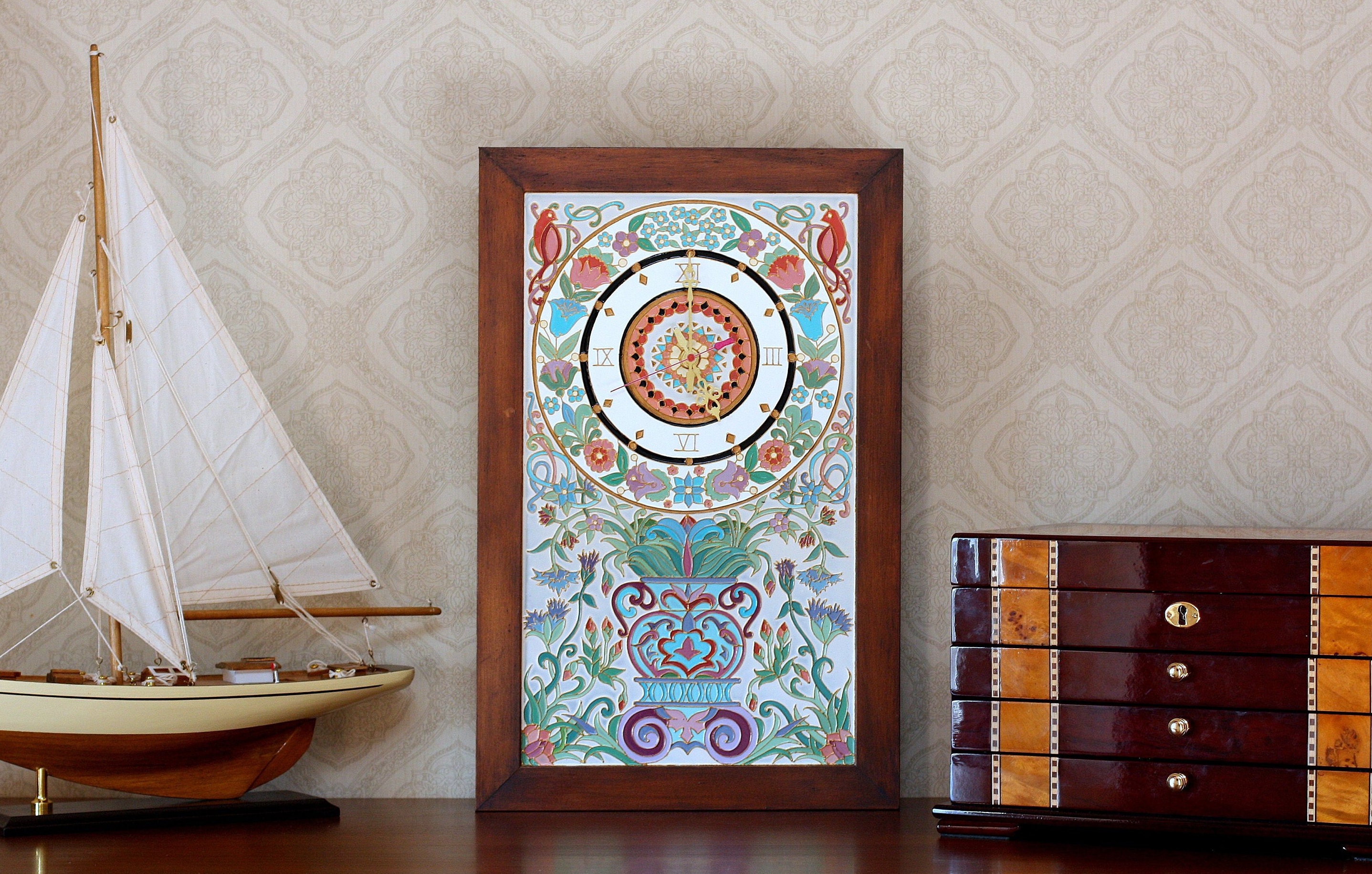 Hand painted vintage looking wall clock with cabinet | Etsy