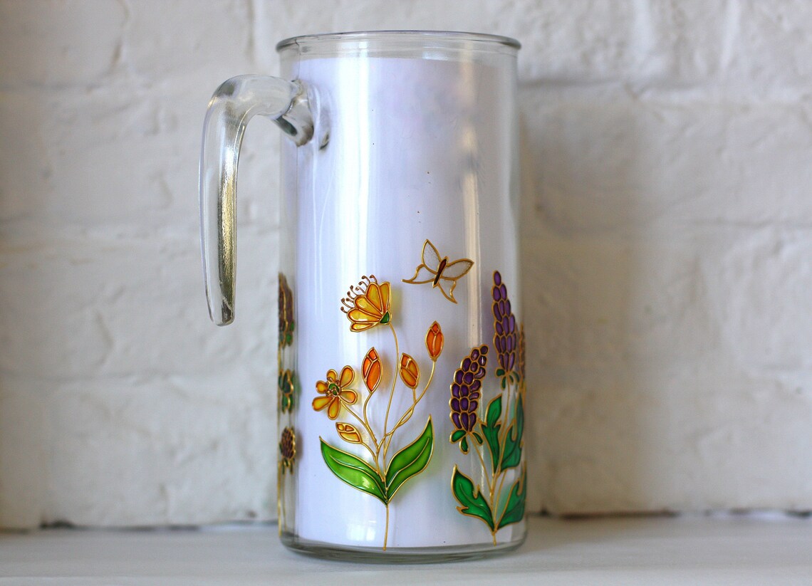 Juice Carafe With Wild Flowers Hand Painted Water Jug With | Etsy