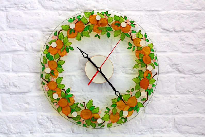 Stain glass kitchen clock Hand paint glass clock Round | Etsy