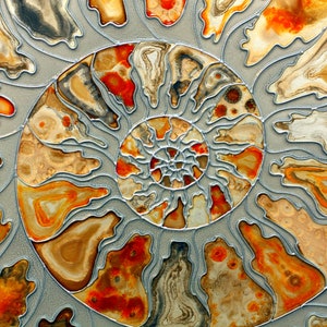 Modern Amber Ammonite Stained Glass Wall Clock, Hand Painted Yellow and ...