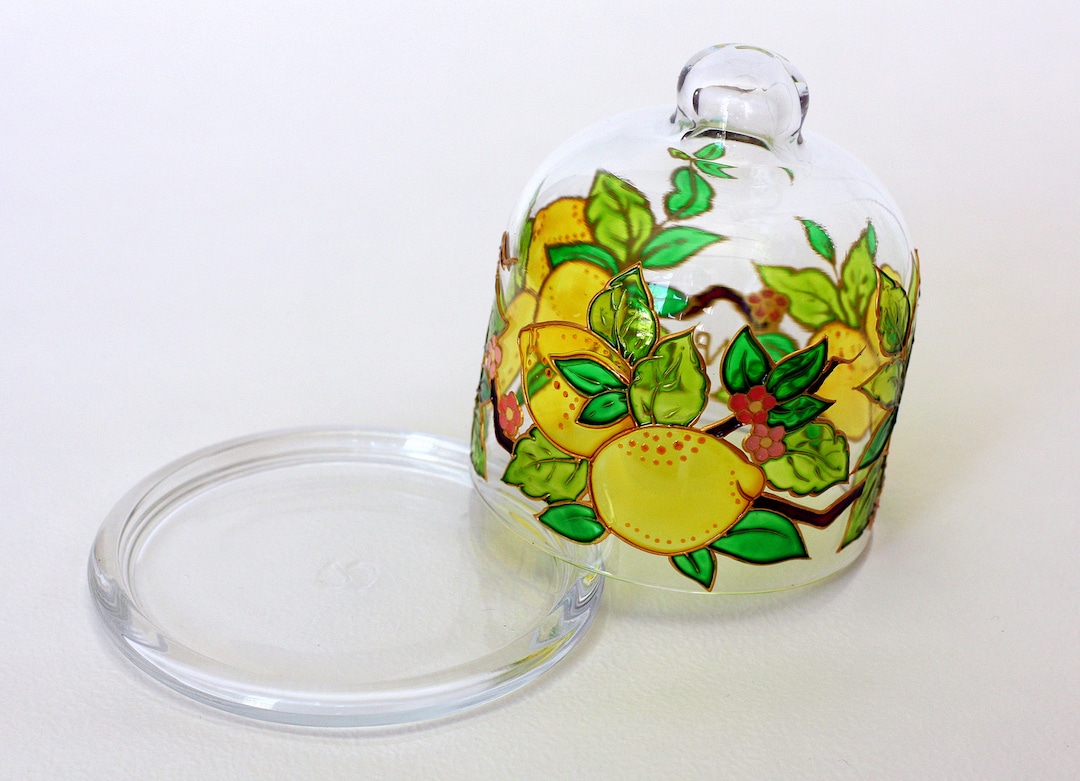 Hand Painted Lemon Holder - Stain Glass Butter Server - Glass Cloche ...