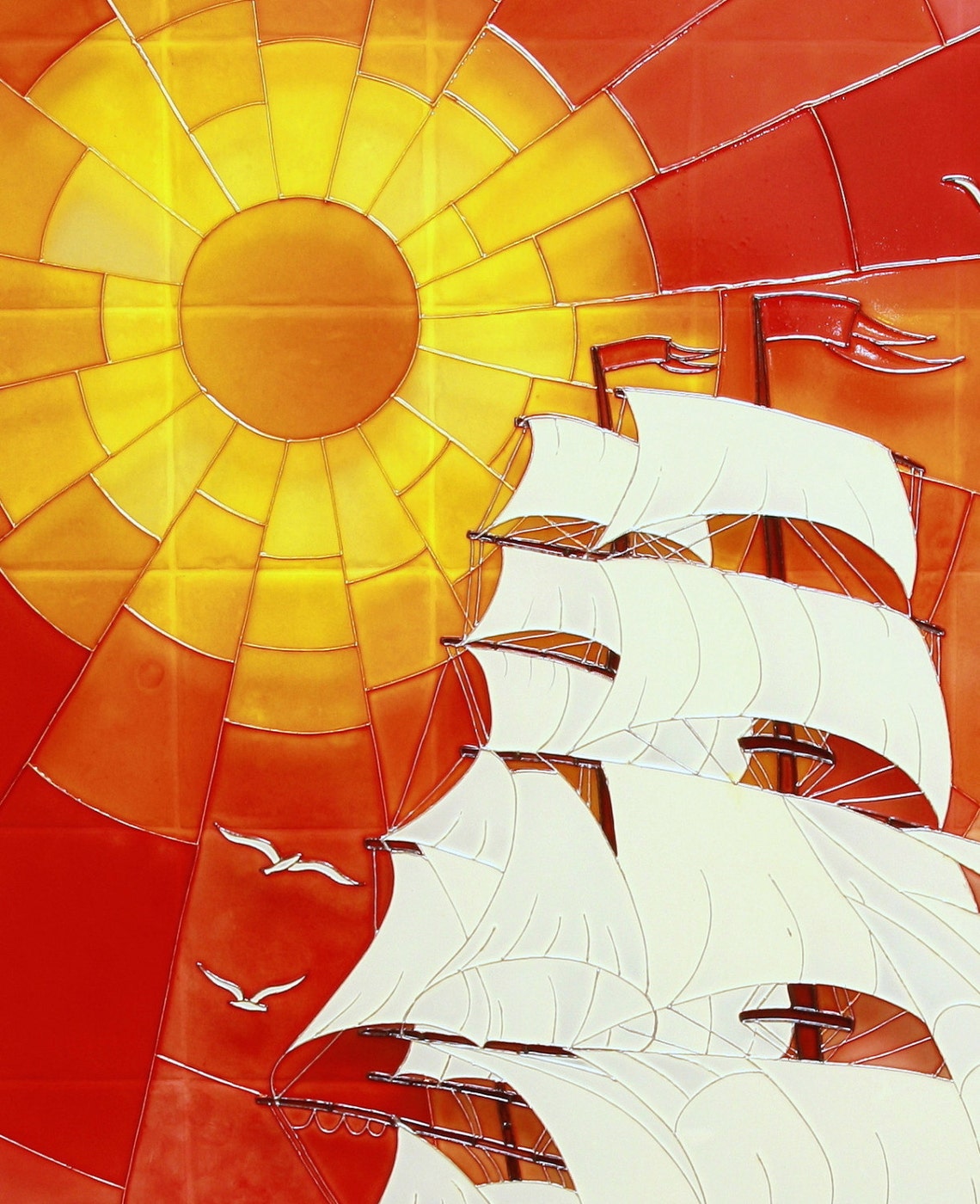 Stain Glass Boat Pannel - Original Glass Painting - Sailing at Sunset ...