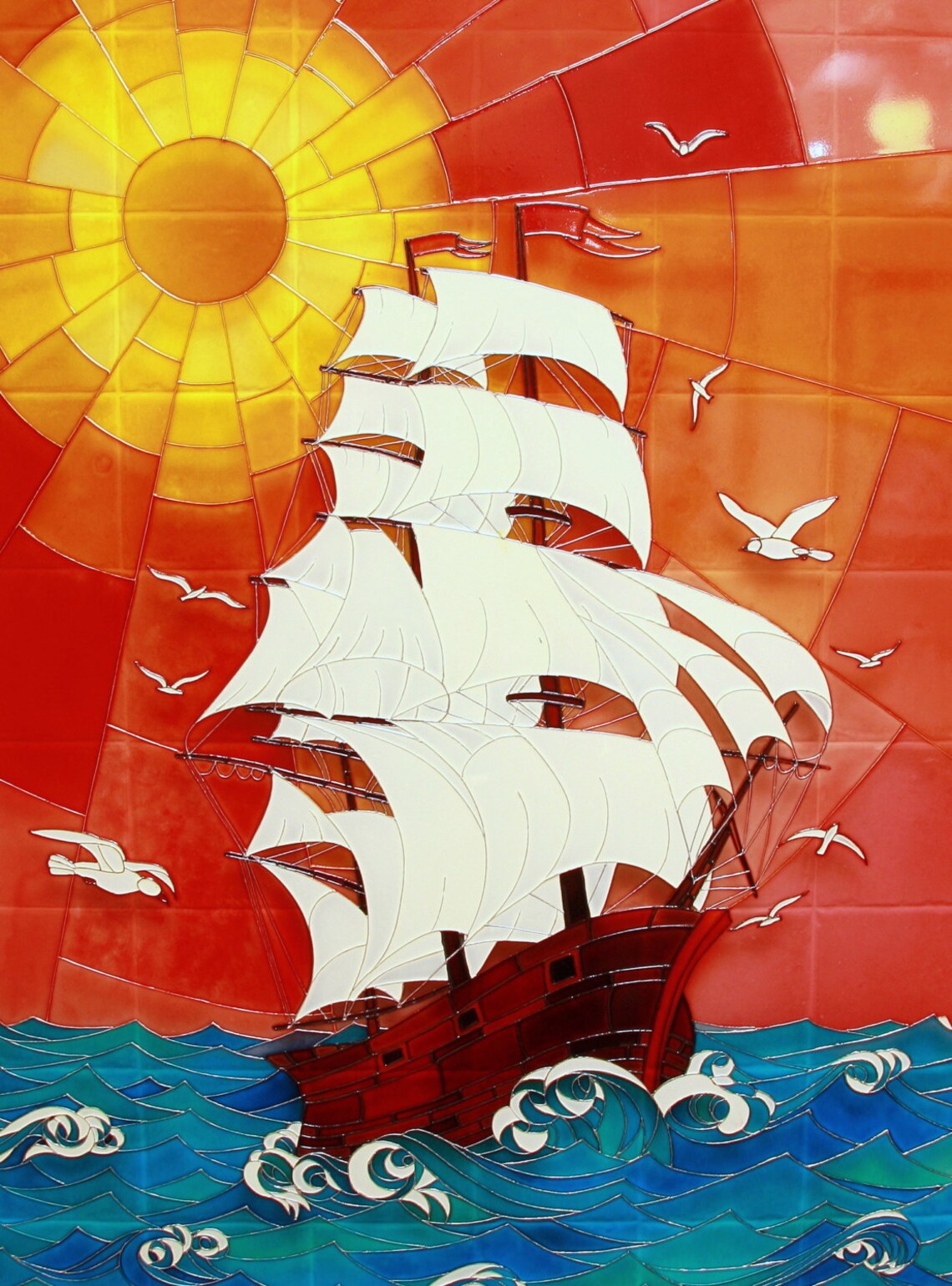 Stain Glass Boat Pannel - Original Glass Painting - Sailing at Sunset ...