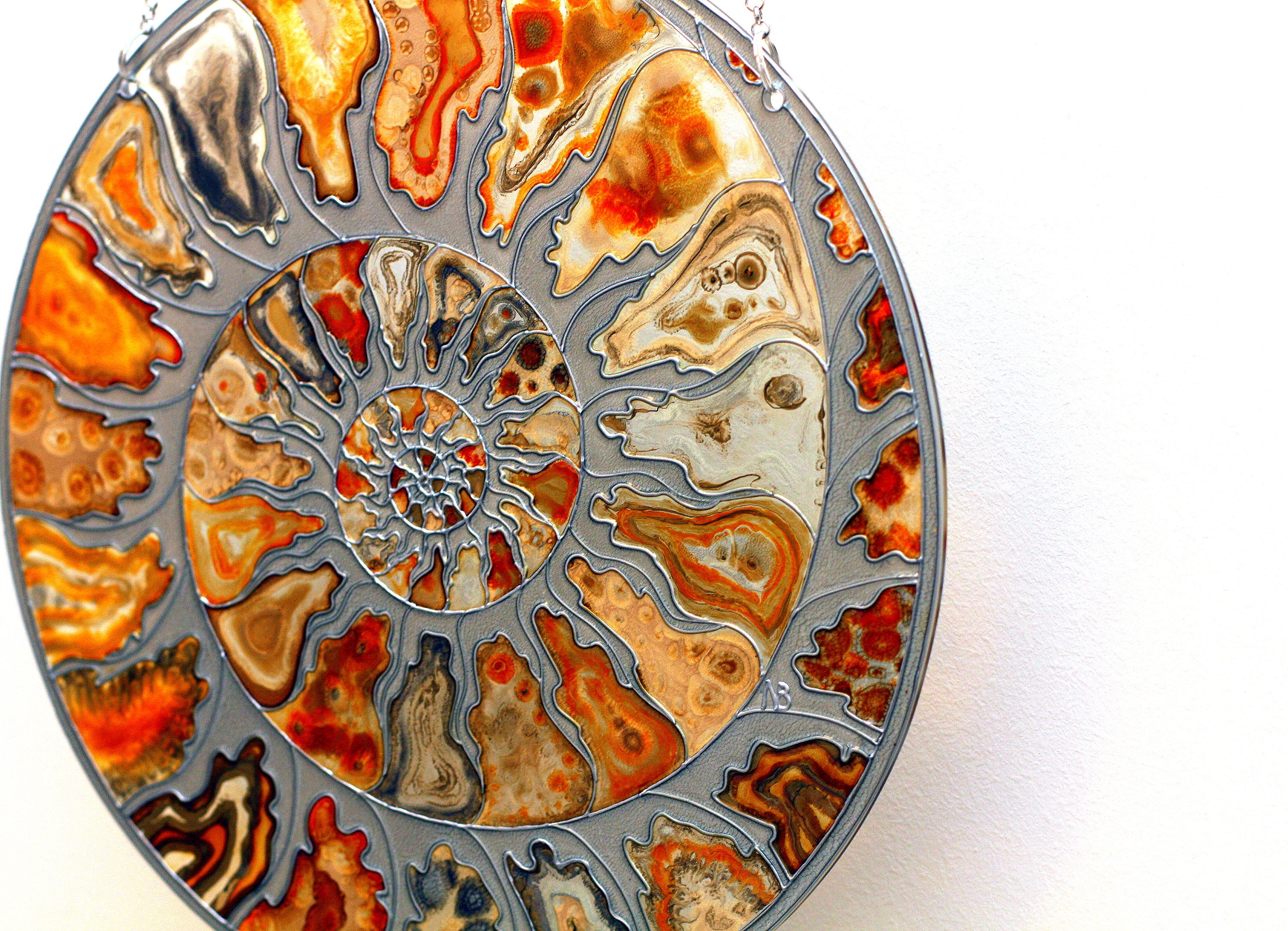 Ammonite Stain Glass Suncatcher - Sea Shell Wall Hanging - Fossil Slice ...