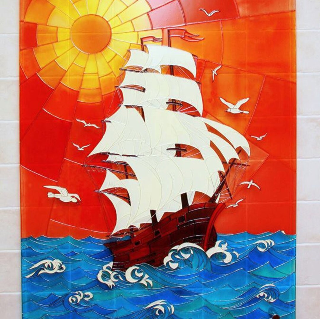 Stain Glass Boat Pannel - Original Glass Painting - Sailing at Sunset ...