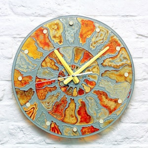 Modern Amber Ammonite Stained Glass Wall Clock, Hand Painted Yellow and ...