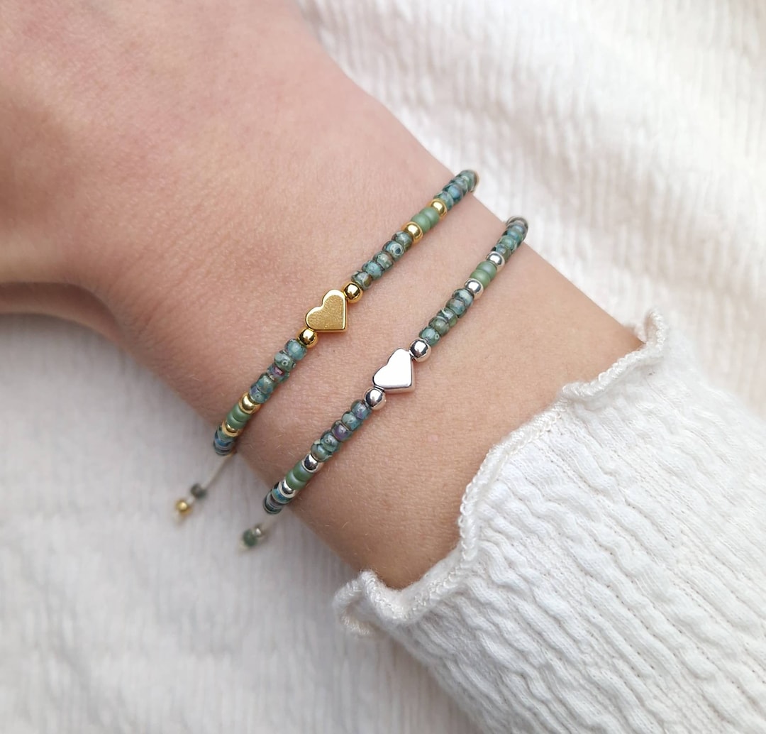 Filigranes Perlenarmband mit Herz aus Miyuki Perlen Grün Gold ...