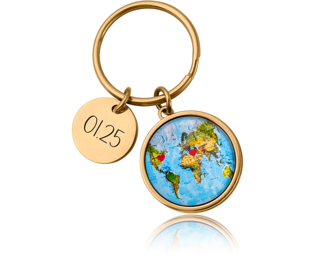 World Map Keychain With Hearts – Personalized Long Distance ...